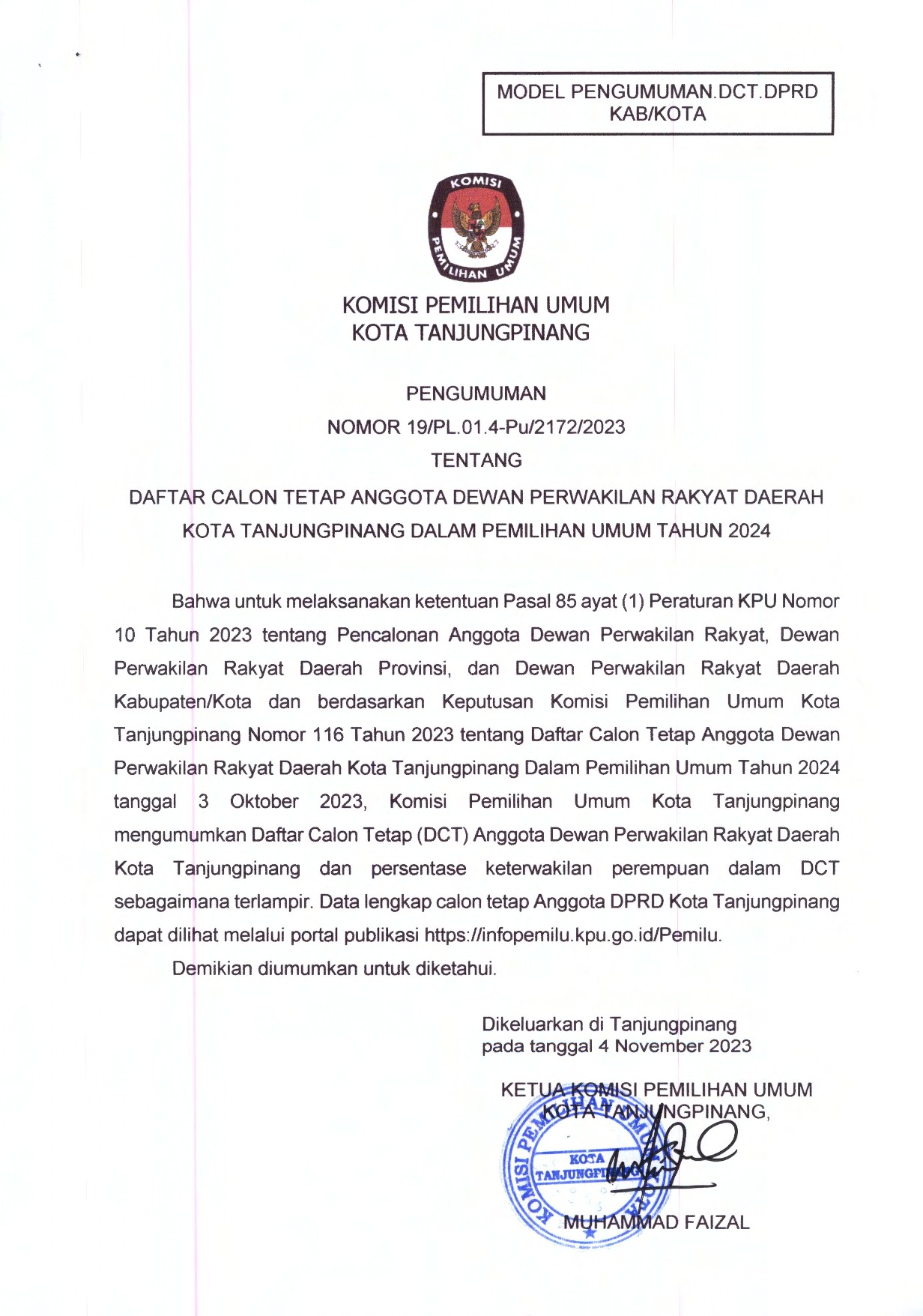 KPU KOTA-TANJUNGPINANG - PENGUMUMAN DAFTAR CALON TETAP (DCT) ANGGOTA DEWAN PERWAKILAN RAKYAT ...